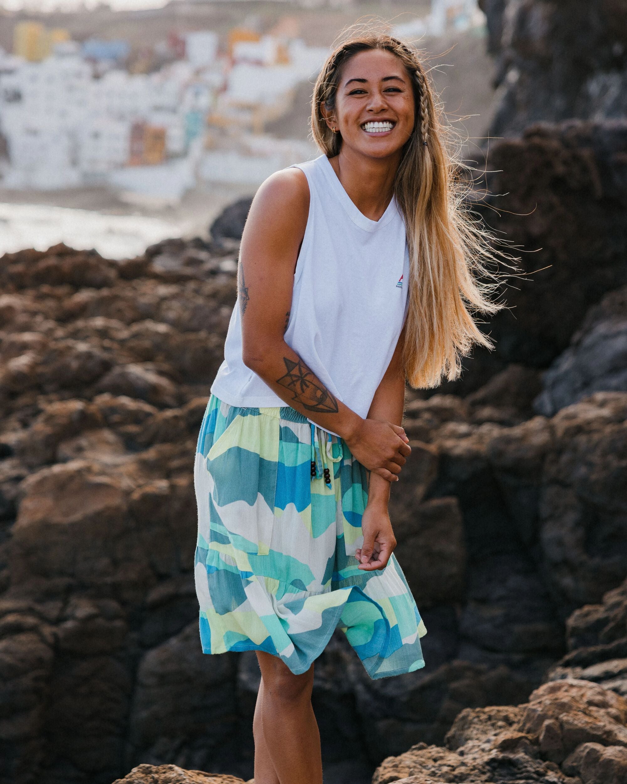 Dew EcoVero Woven Skirt Vista Patchwork Aqua – Passenger